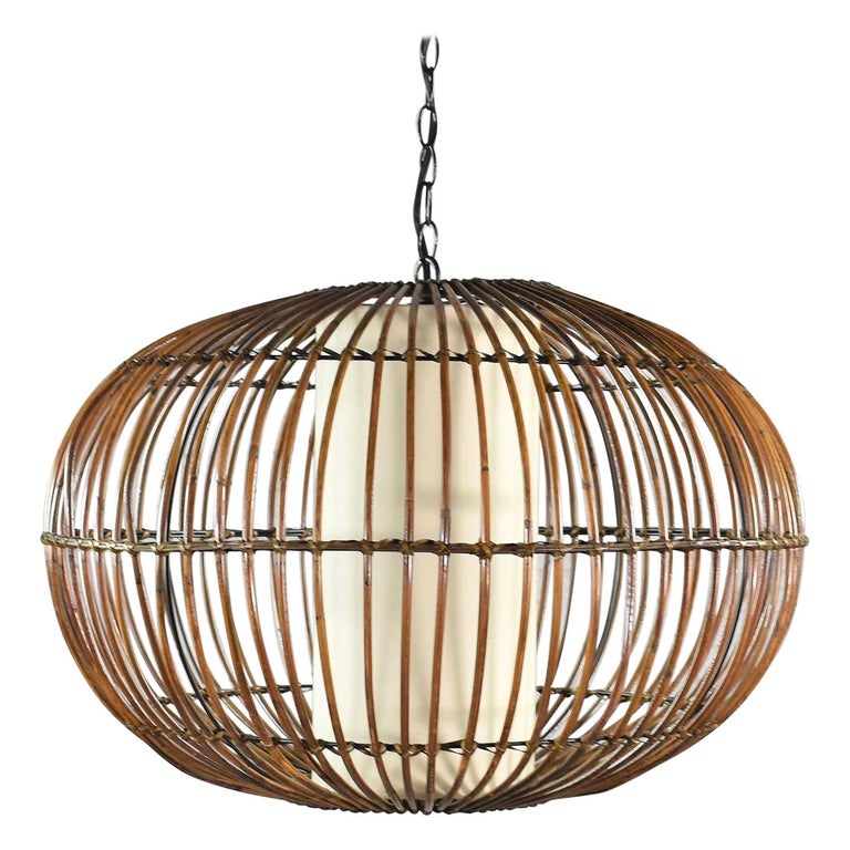 MCM Rattan Cage Pendant Chandelier with Interior Shade after Franco ...