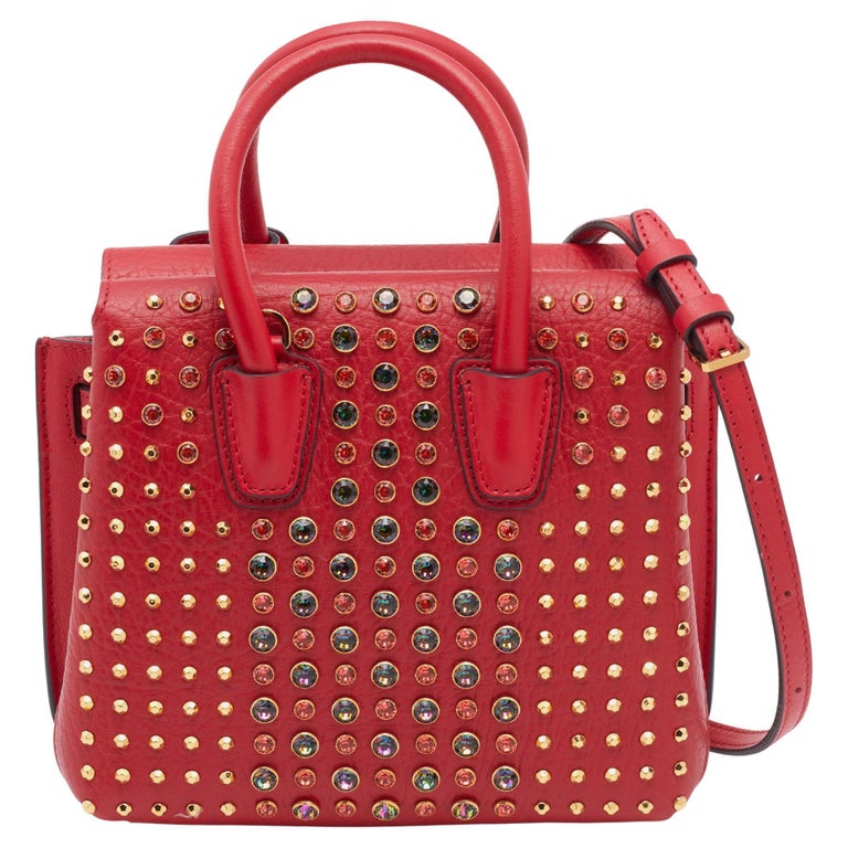 MCM Red Leather Crystal Embellished Milla Satchel For Sale at 1stDibs