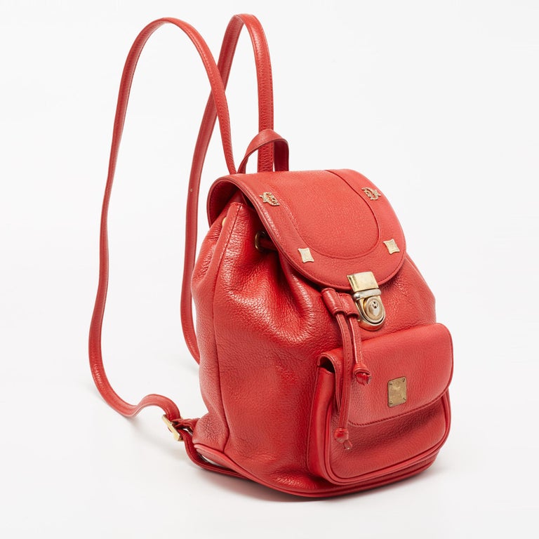 MCM Red Leather Studded Drawstring Backpack For Sale at 1stDibs