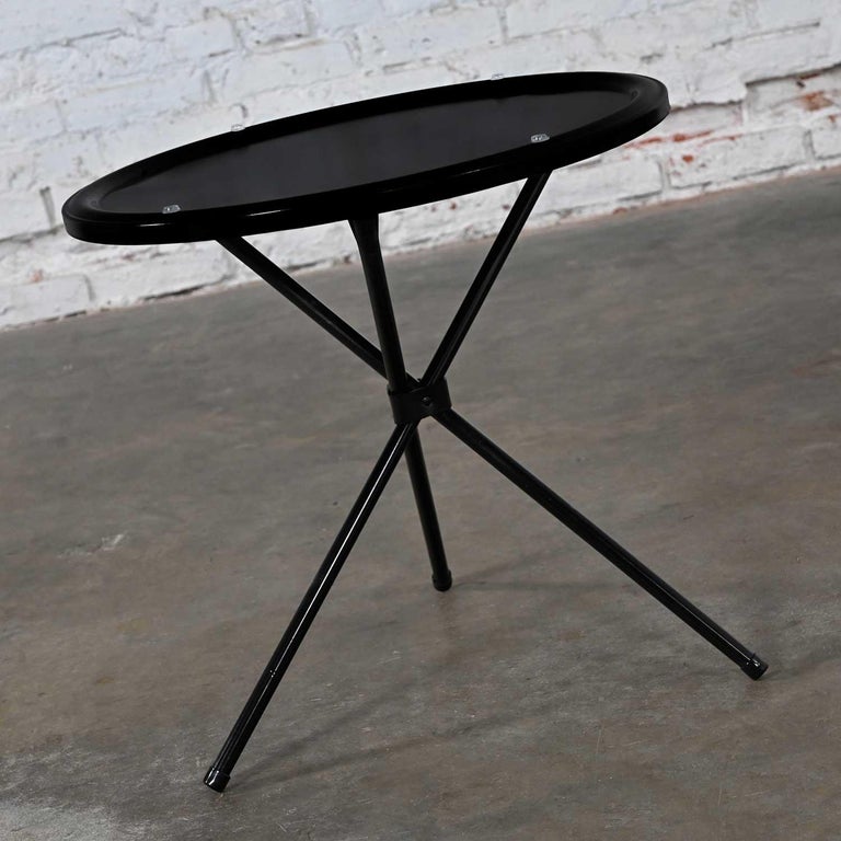 MCM Round Metal Outdoor Black Painted Tripod Accent Table with Glass ...