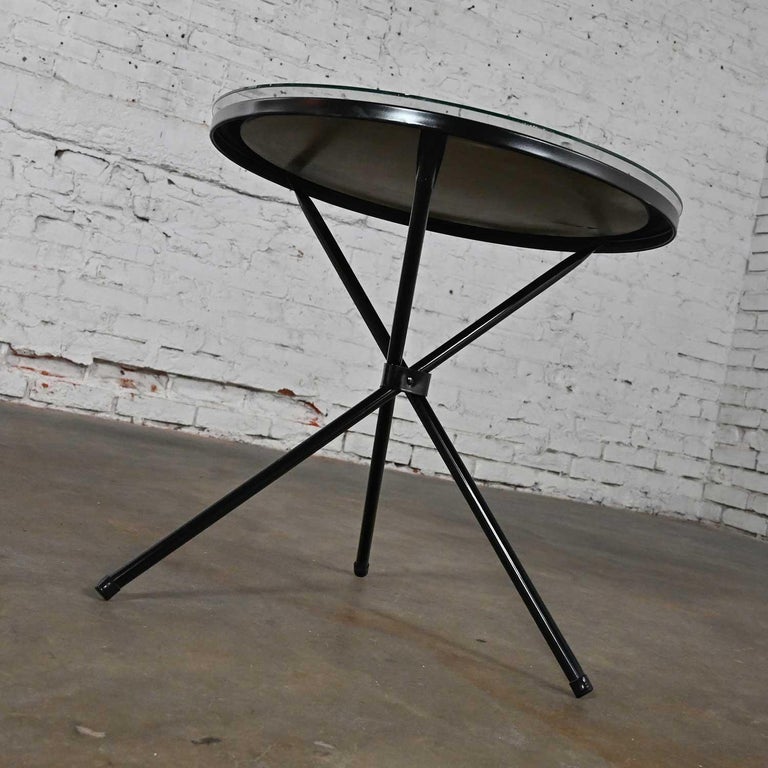 MCM Round Metal Outdoor Black Painted Tripod Accent Table with Glass ...