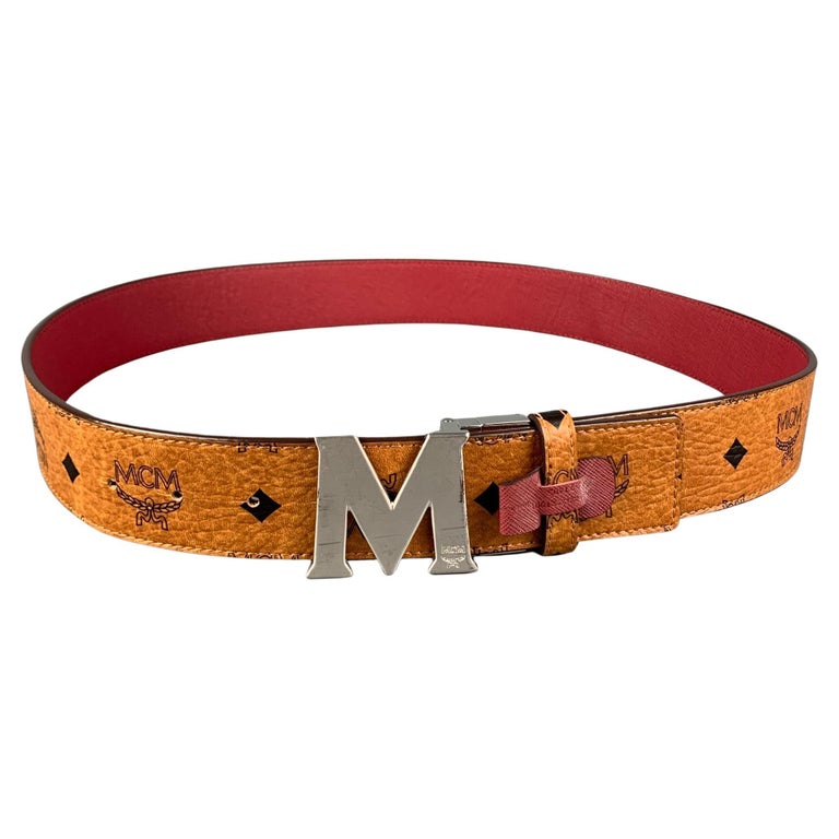 MCM Size L Tan Black Burgundy Monogram Leather Reversible Belt For Sale ...