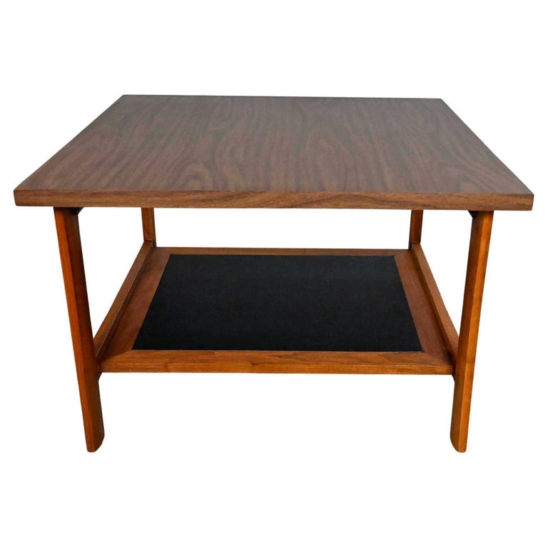 MCM Square Walnut End Table Lower Shelf Black Faux Leather Insert ...