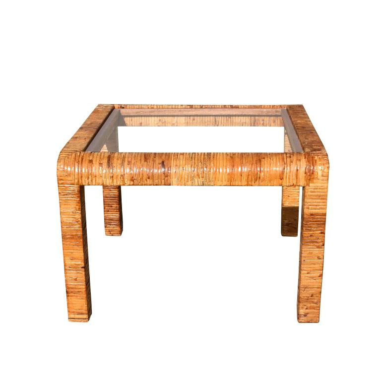 MCM Square Waterfall Edge Rattan Wrapped Side Tables with Glass Tops ...
