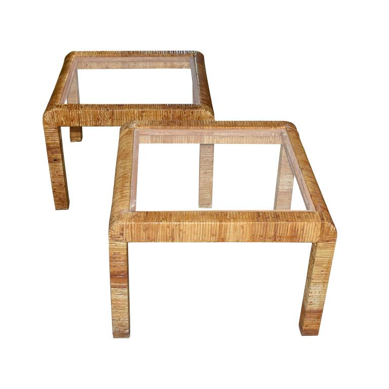 MCM Square Waterfall Edge Rattan Wrapped Side Tables with Glass Tops ...