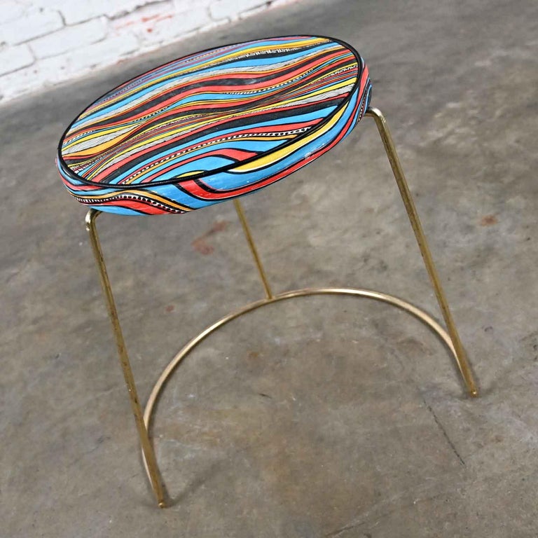MCM Stool with Round Colorful Vinyl Seat and Brass Plated Steel ...