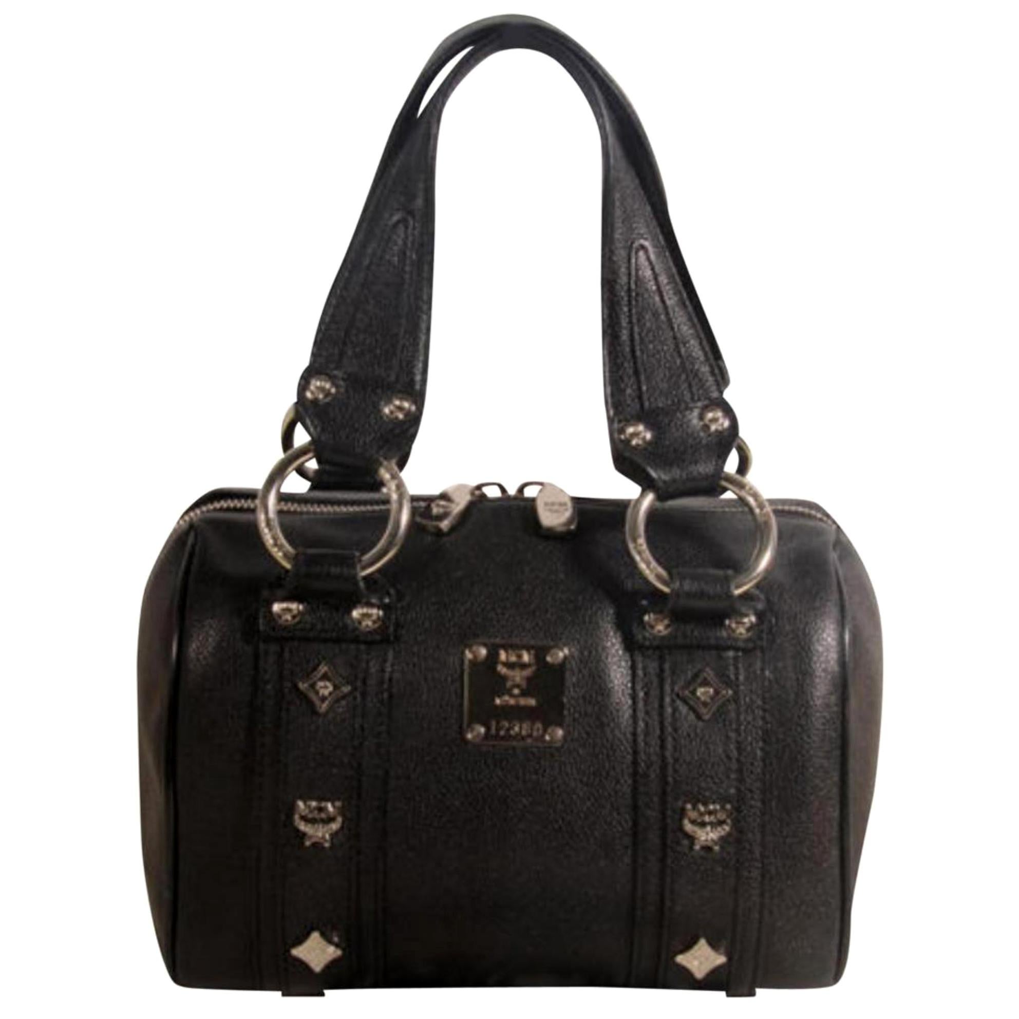 MCM Studded Boston 869883 Black Leather Satchel For Sale at 1stDibs