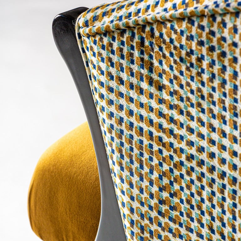 MCM Style Black Lacquer Wooden and Velvet Bar Stool For Sale at 1stDibs