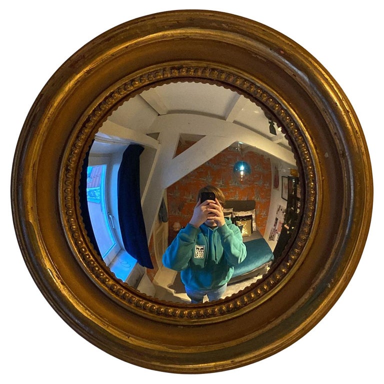 MCM Vintage Plastered Giltwood Convex Butler Mirror For Sale at 1stDibs