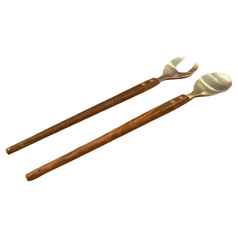 Mcm Walnut and Stainless Steel Salad Servers For Sale at 1stDibs