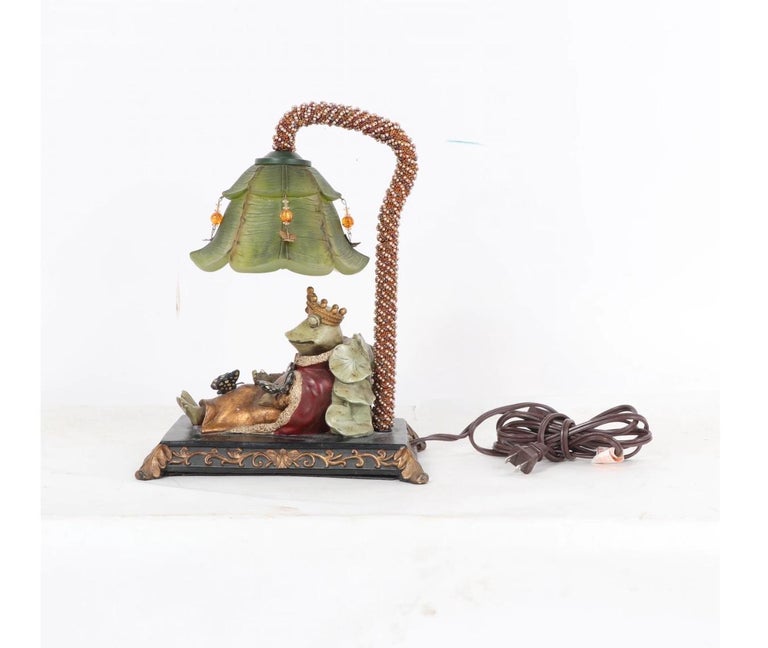 Whimsical Frog Table Lamp Beaded Vine, Jeweled Lily Shade at 1stDibs