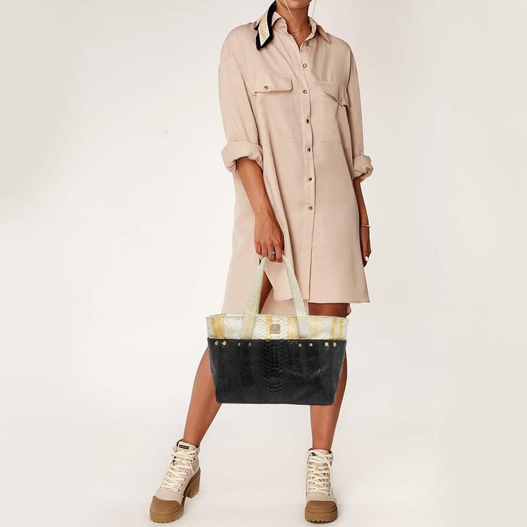 MCM Yellow/Black Python Embossed Leather Zip Tote For Sale at 1stDibs