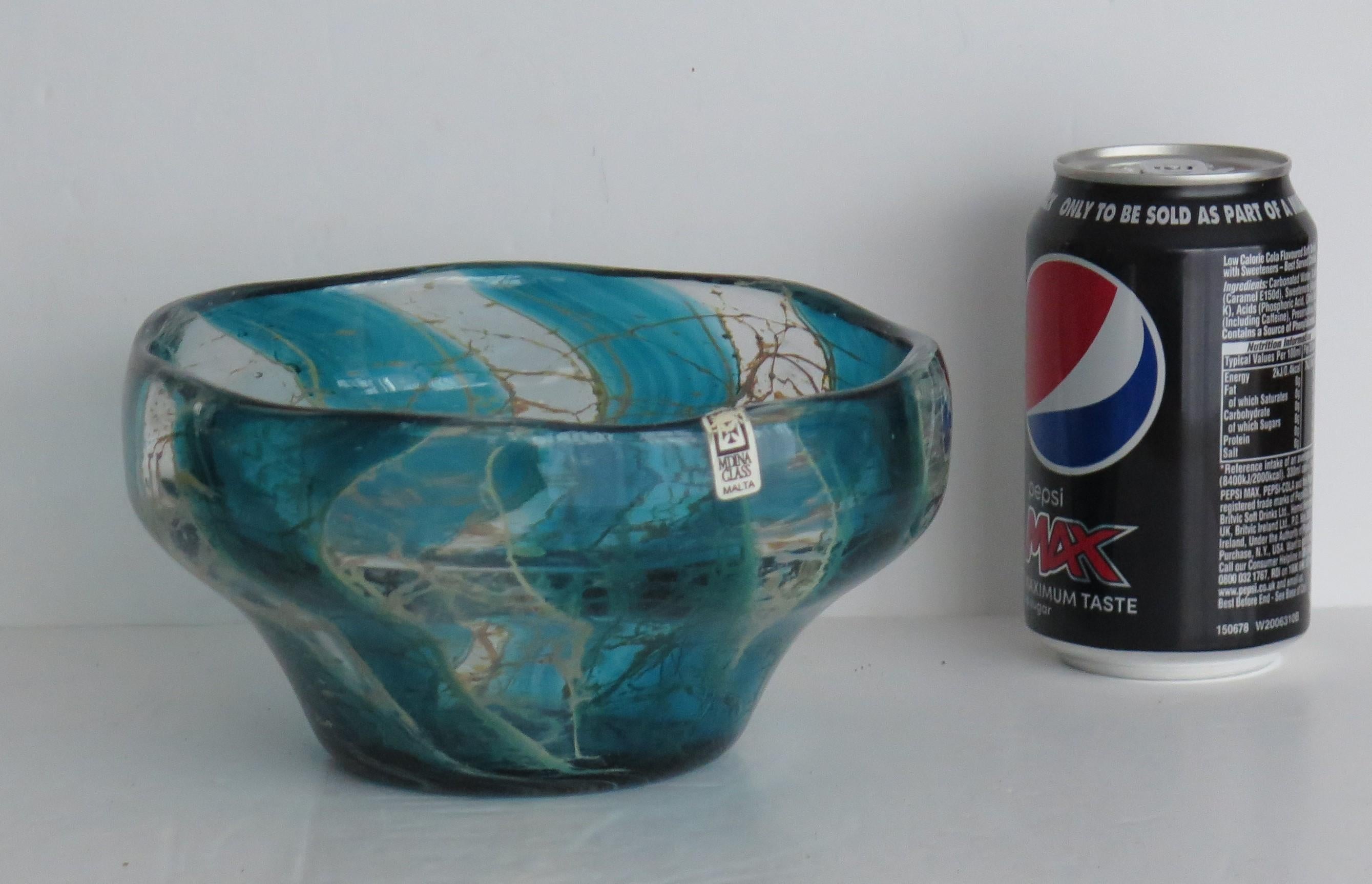 Mdina Maltese Glass Bowl in Crystal Blue Stripe Pattern, circa 1970s ...