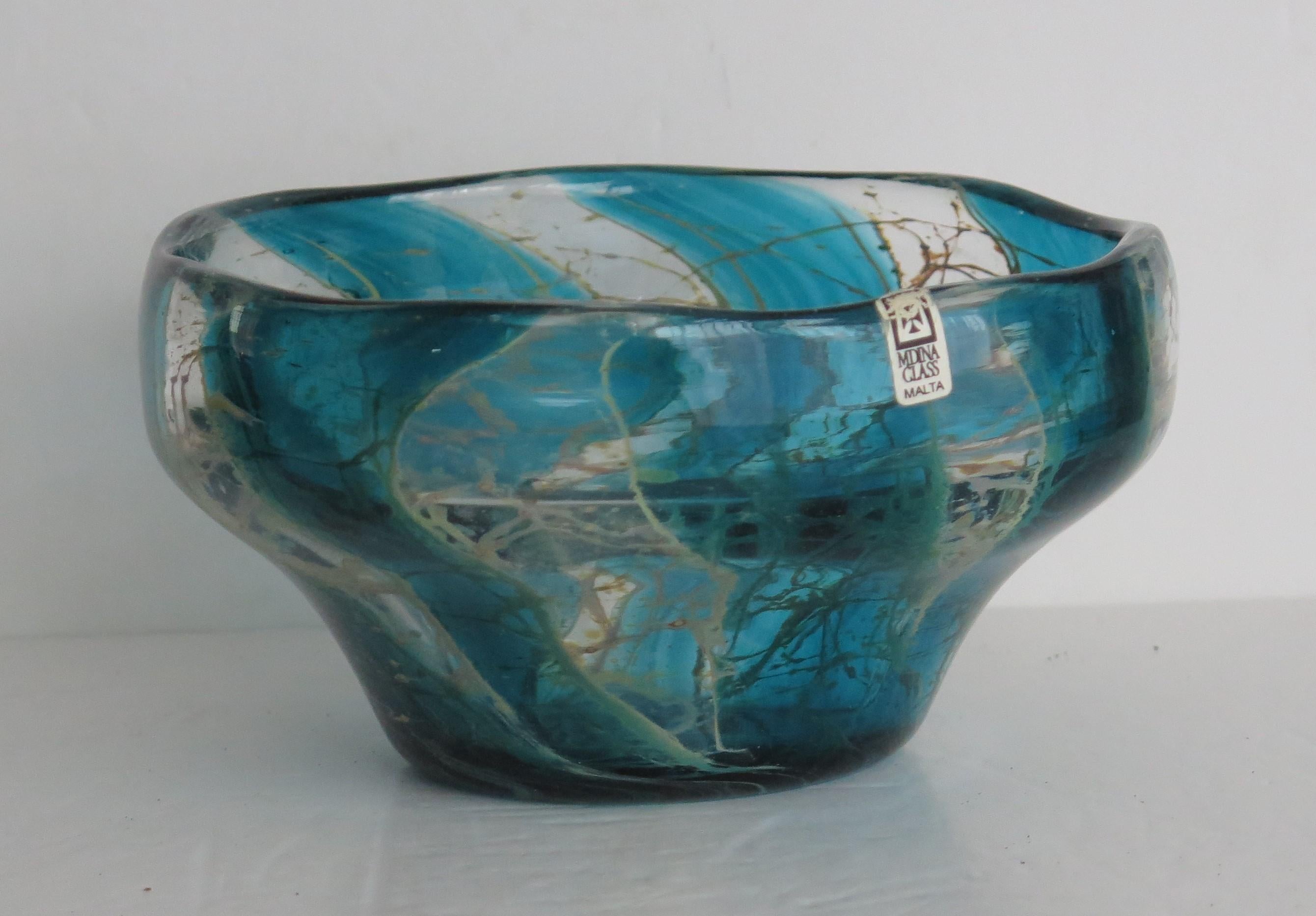 Mdina Maltese Glass Bowl in Crystal Blue Stripe Pattern, circa 1970s ...