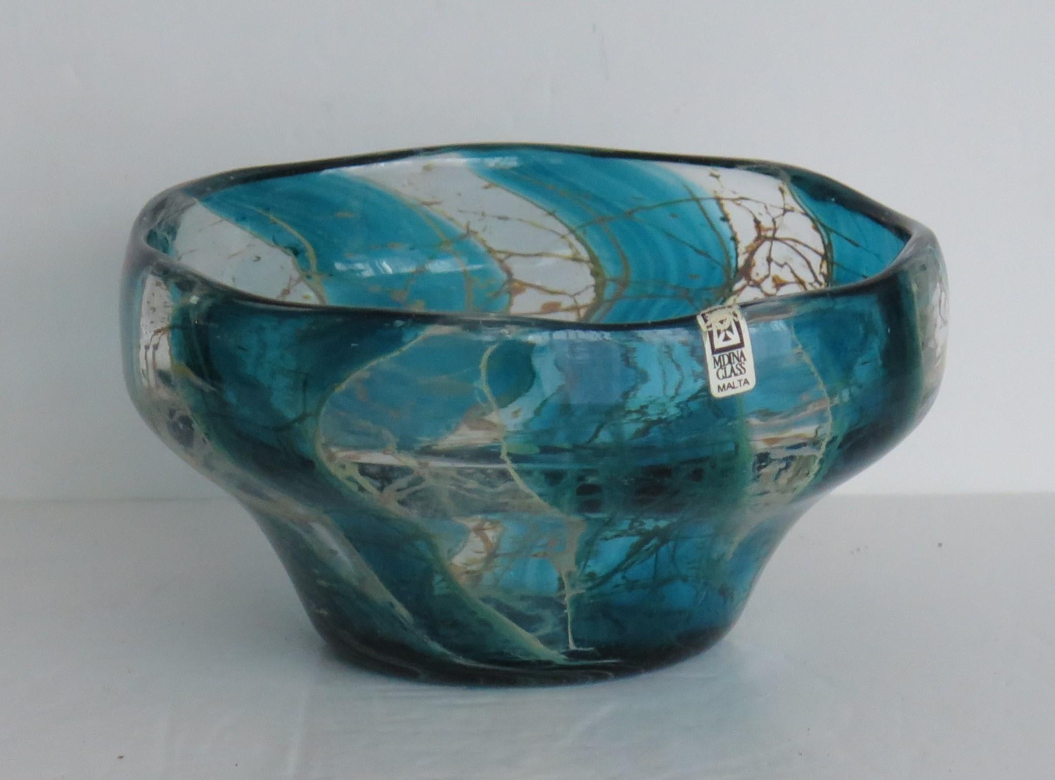 Mdina Maltese Glass Bowl in Crystal Blue Stripe Pattern, circa 1970s ...