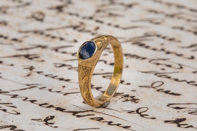 Medieval 14th-15th Century Gold and Sapphire Engraved Amuletic Stirrup ...