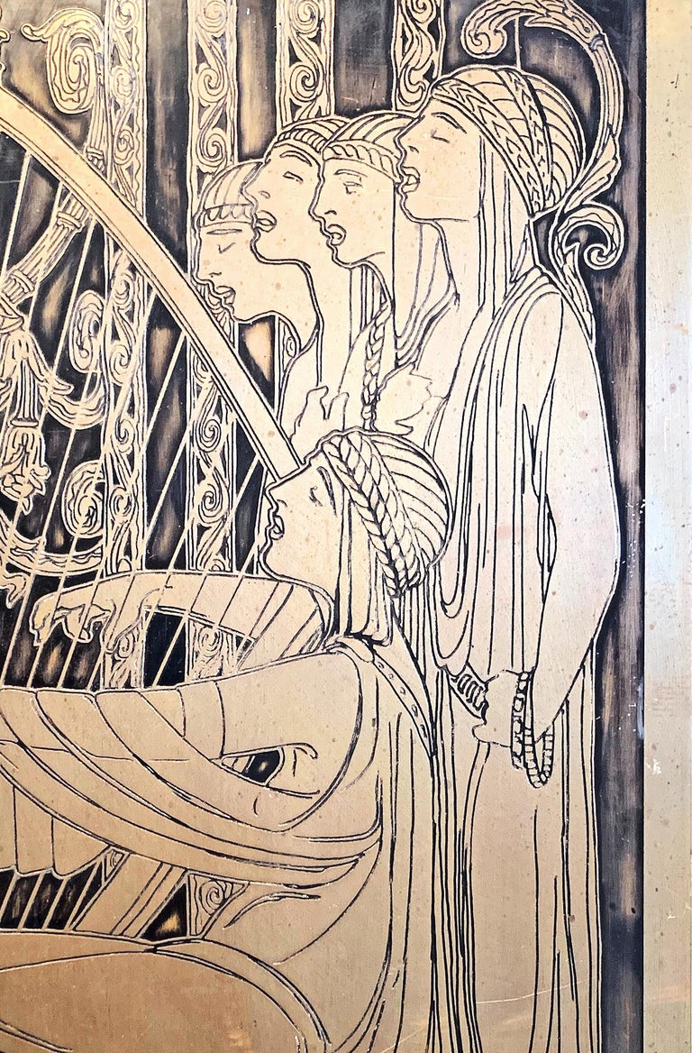 "Medieval Choir," Art Deco Scene of Harpist and Choir, Incised Bronze ...