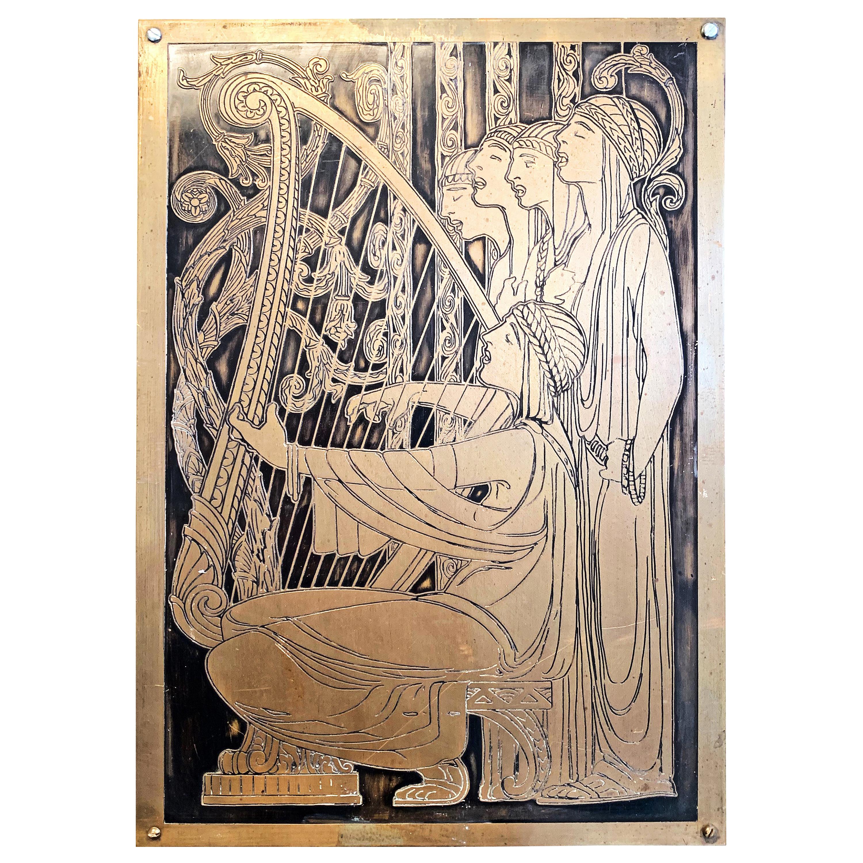"Medieval Choir," Art Deco Scene of Harpist and Choir, Incised Bronze ...