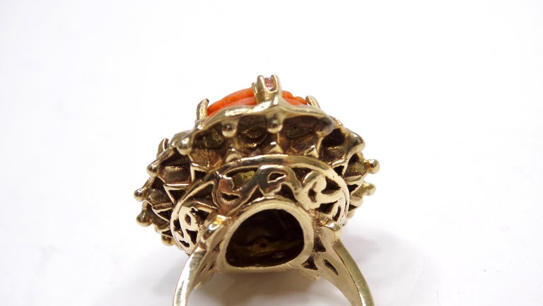 Mediterranean Coral 14k Gold Cocktail Ring with Diamonds For Sale at ...