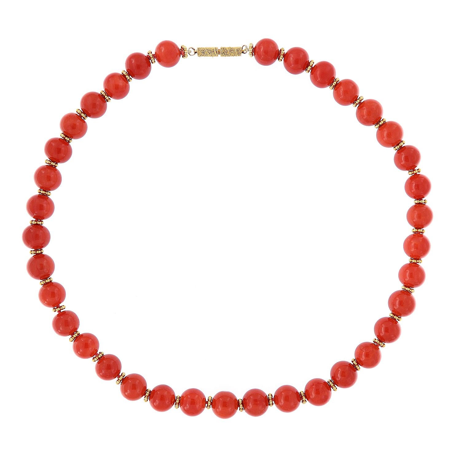 Natural Mediterranean Gia Red Coral Gold 14 Karat Beaded Necklace For