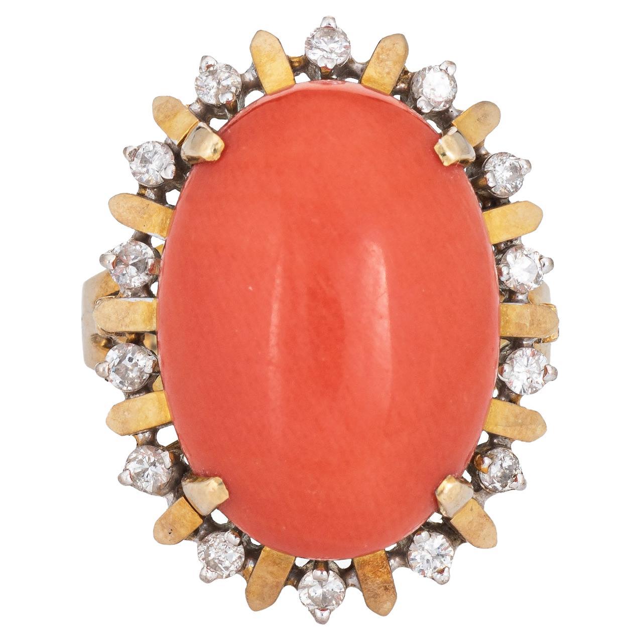 Natural Genuine Red Coral Spherical Yellow Gold Ring For Sale at 1stDibs