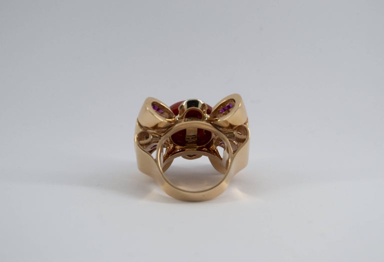 Mediterranean Red Coral Ruby 0.40 Carat Diamond Yellow Gold Cocktail ...