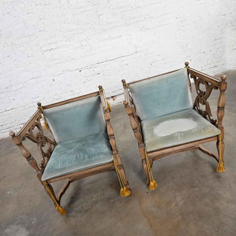 Mediterranean Spanish Revival Pair Ceruse Chairs Rush Seats Blue Loose ...