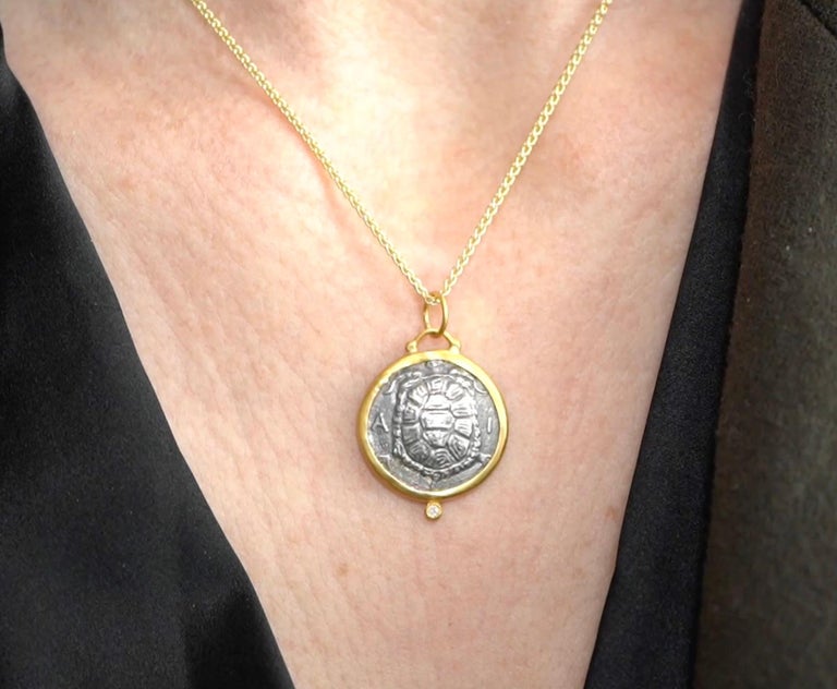 Medium, Ancient Turtle Coin Charm Amulet Pendant Necklace with Diamond ...