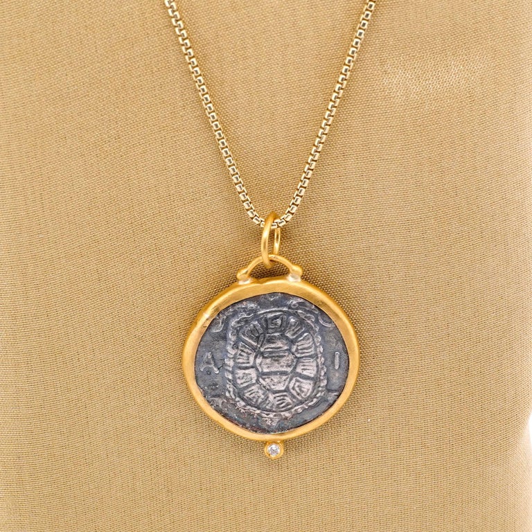 Medium, Ancient Turtle Coin Charm Amulet Pendant Necklace with Diamond ...