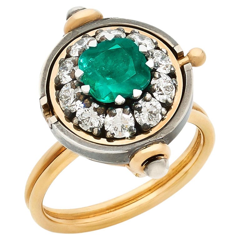 Medium Emerald and Diamonds Sphere Ring in 18k Yellow Gold by Elie Top ...