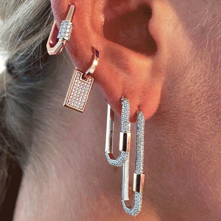 Medium Pave Diamond Lock Earrings in 18k Pink/White Gold For Sale at ...