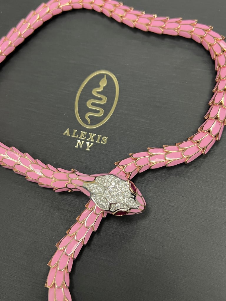 Medium Pink Enamel Snake Necklace For Sale at 1stDibs