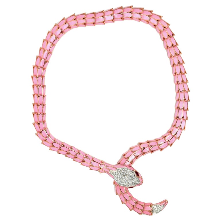 Medium Pink Enamel Snake Necklace For Sale at 1stDibs