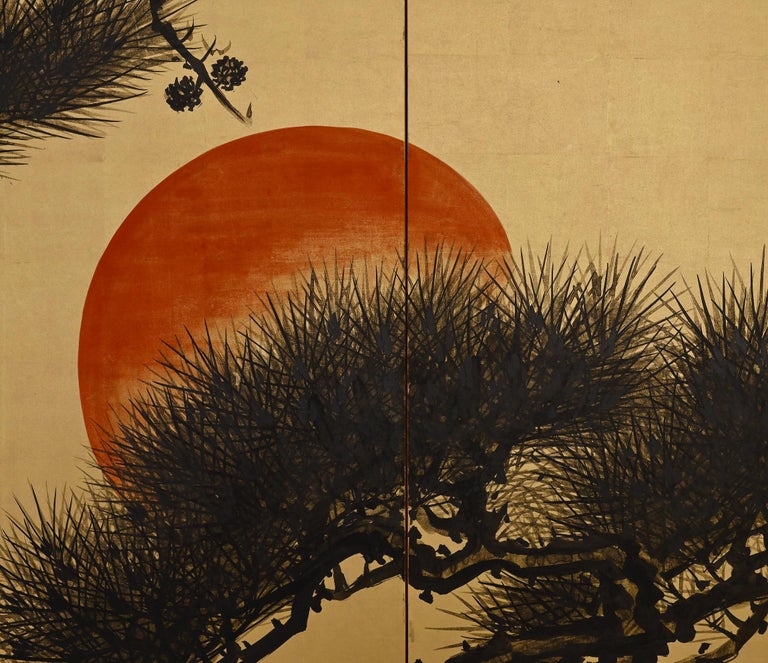 Meiji Period Japanese Screen by Suzuki Shonen, Pine and Rising Sun For ...
