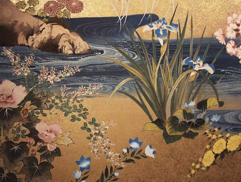 Meiji Period Japanese Two Panel Screen Painted on Rice Paper with Gold ...