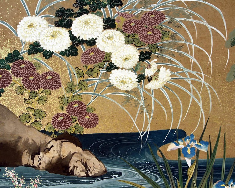 Meiji Period Japanese Two Panel Screen Painted on Rice Paper with Gold ...