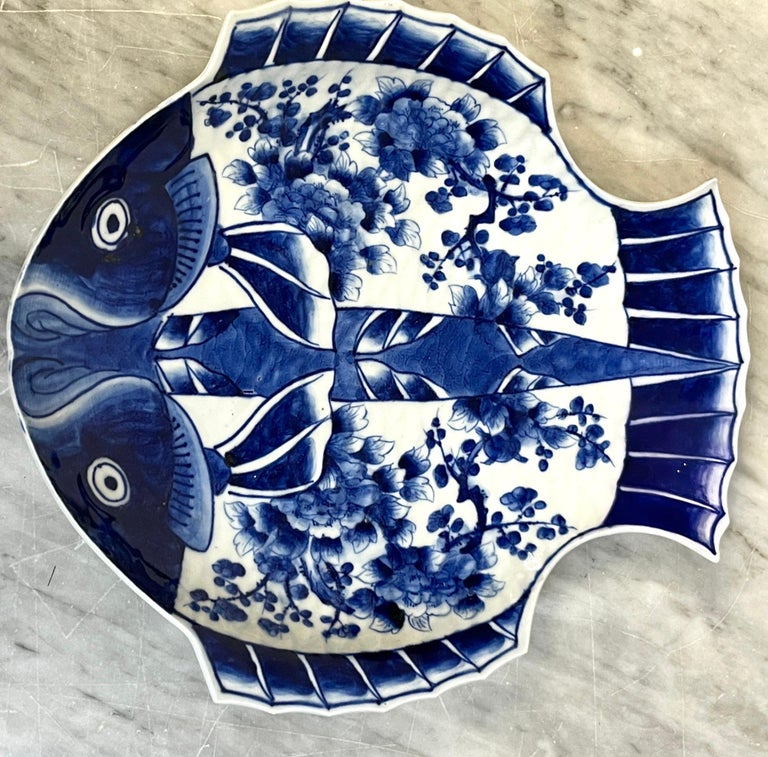 Meiji Period Signed Fukagawa Blue and White Fish 'Flounder' Plate For ...