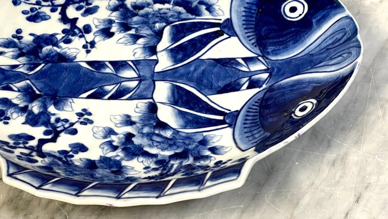 Meiji Period Signed Fukagawa Blue and White Fish 'Flounder' Plate For ...