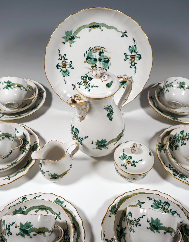 Meissen Coffee Set For 6 Persons Rich Dragon Green and Gold, 20th Century For Sale at 1stDibs