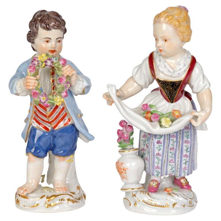 Meissen Pair Porcelain Figures of Children with Flowers For Sale at 1stDibs