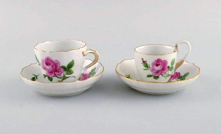 Meissen Pink Rose. Three coffee cups with saucers in hand-painted ...