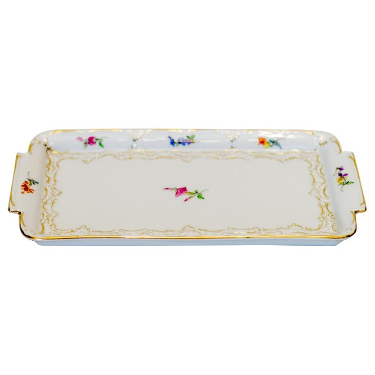 Meissen Porcelain Square Platter Tray with Floral Painting and Gold Rim ...