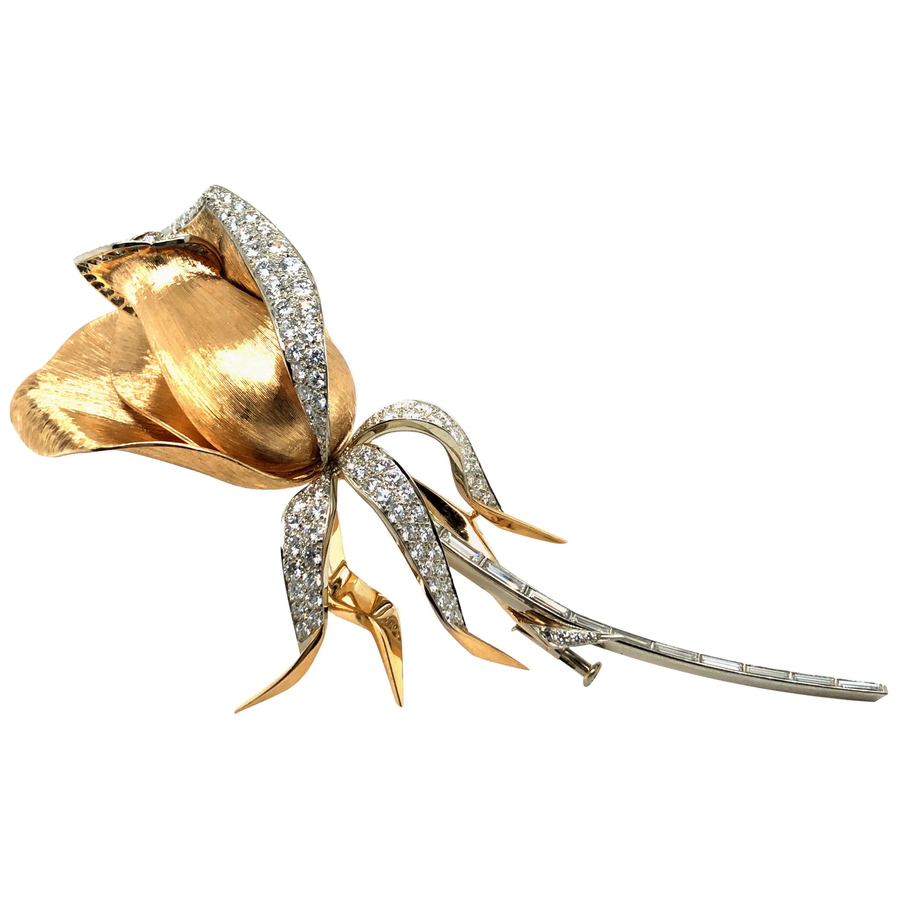 Meister Diamond Rose Brooch in 18 Karat Yellow and White Gold For Sale ...