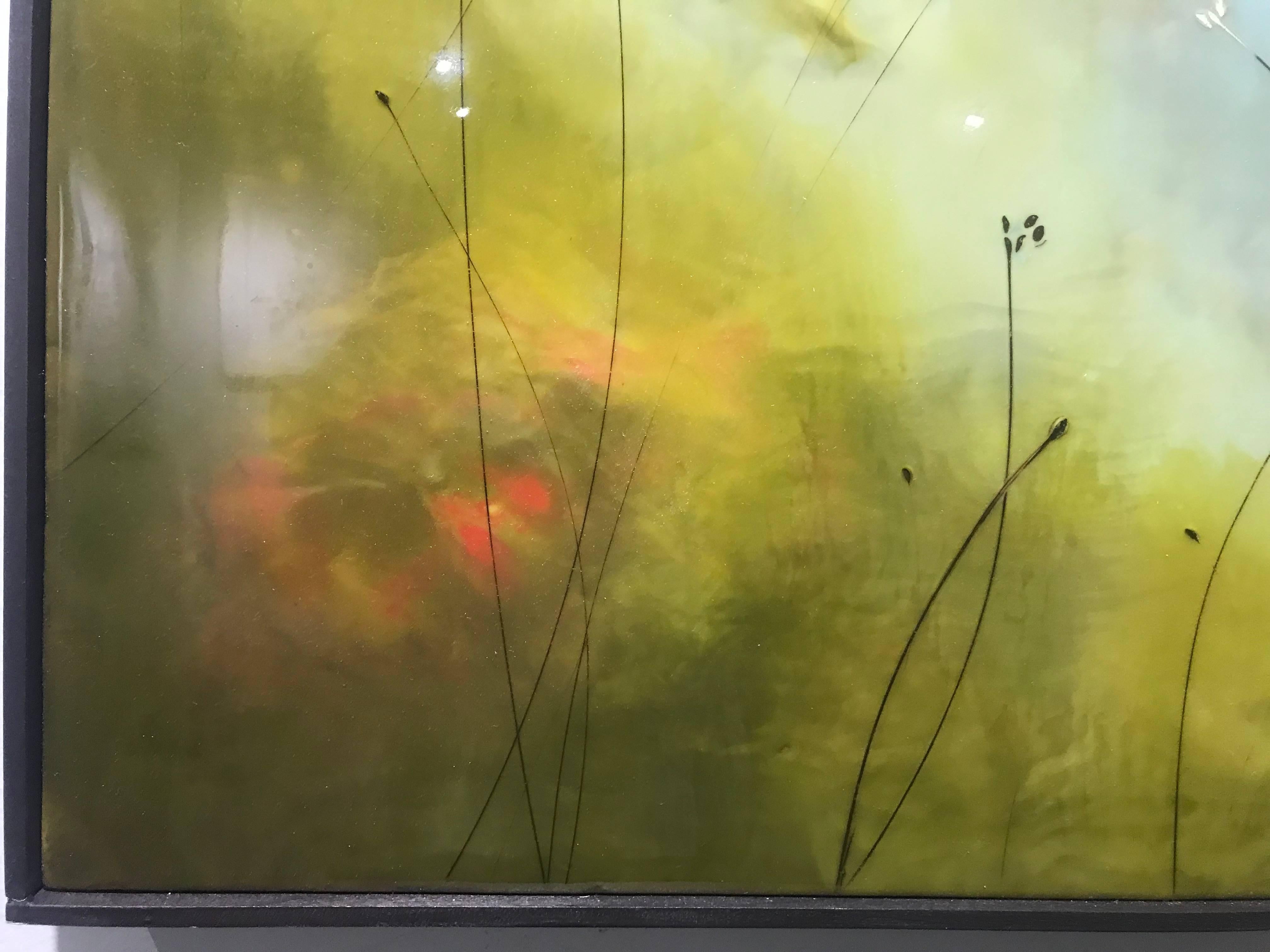 Mel Rea - Bloom, Abstract Vertical Framed Encaustic and Resin on Board ...