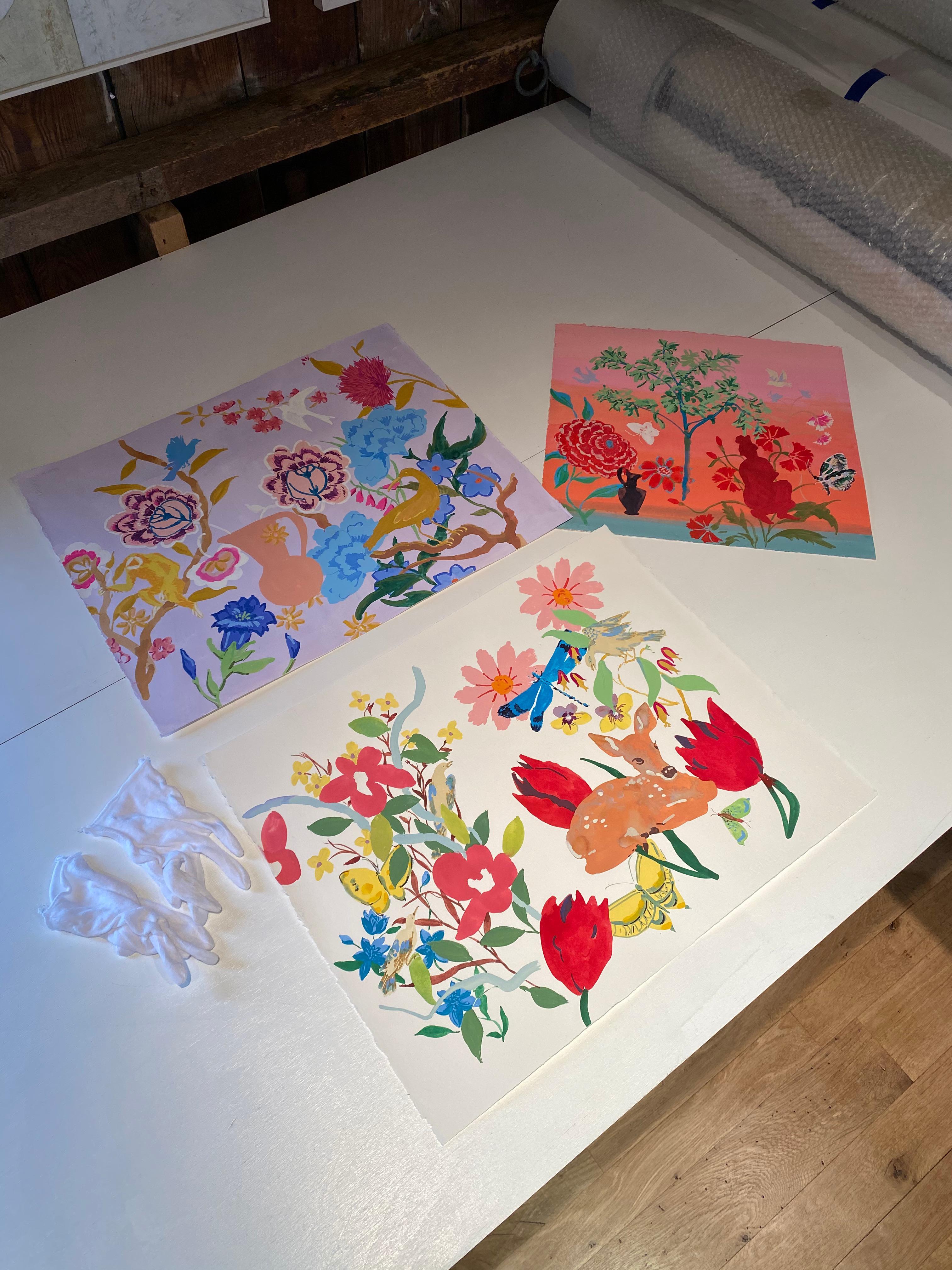 Melanie Parke - Fawn, Painting of Pink, Red Flowers, Birds, Butterfly ...