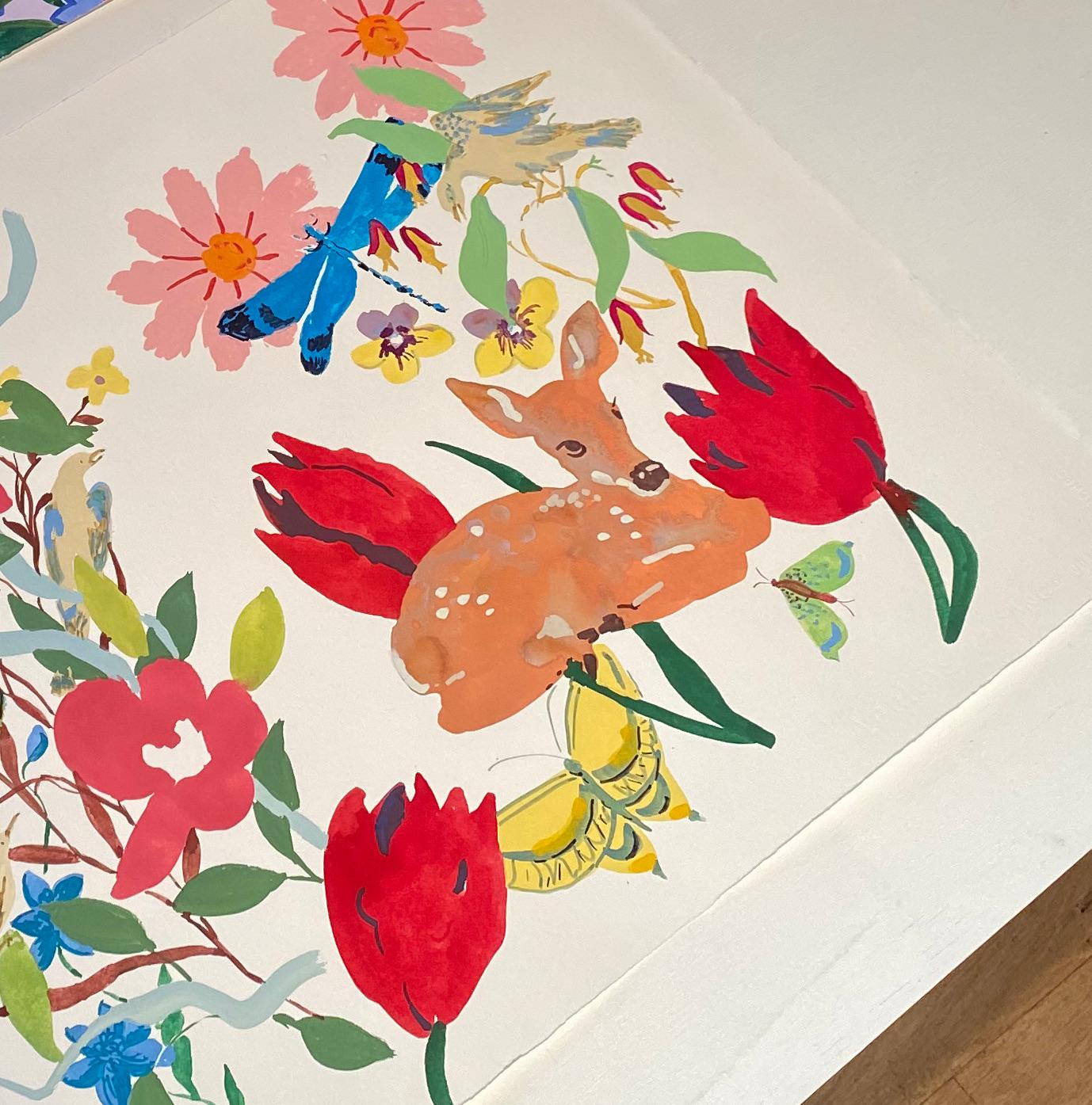 Melanie Parke - Fawn, Painting of Pink, Red Flowers, Birds, Butterfly ...