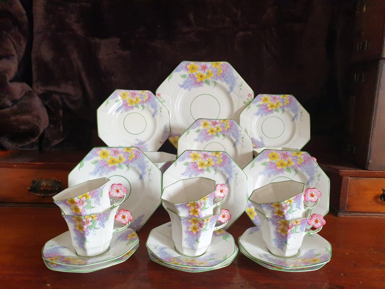Melba Pink Flower Handle Art Deco Tea Service For Sale at 1stDibs