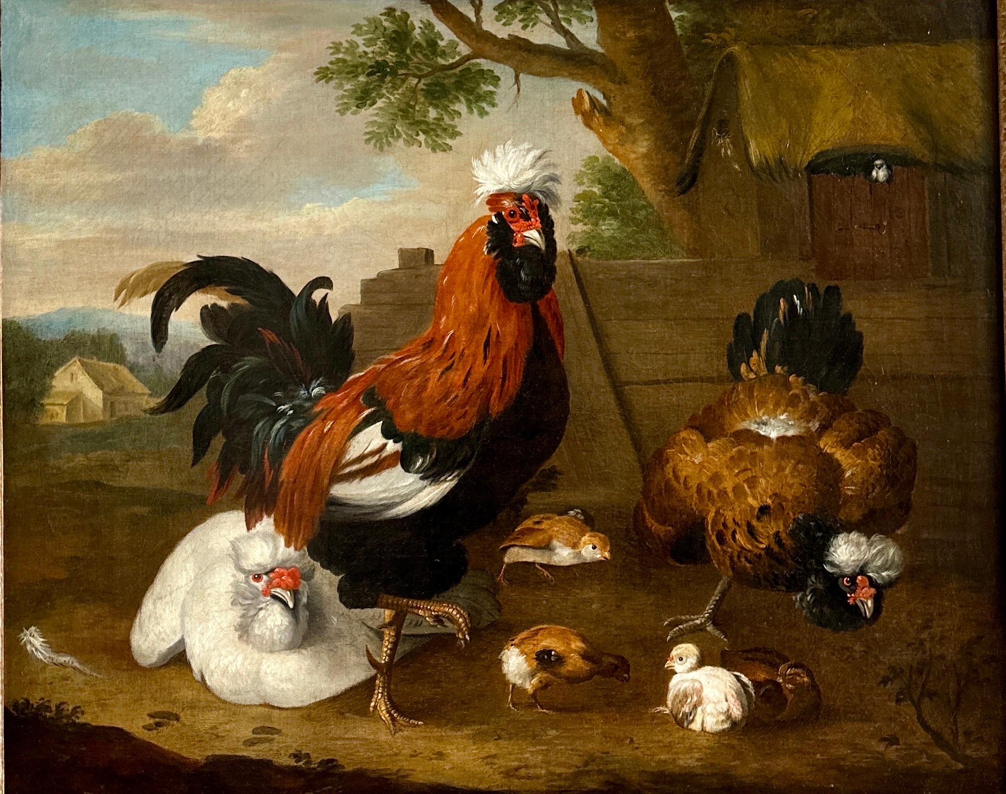 18th century painting of a cockerel, hens, chicks and other birds For ...