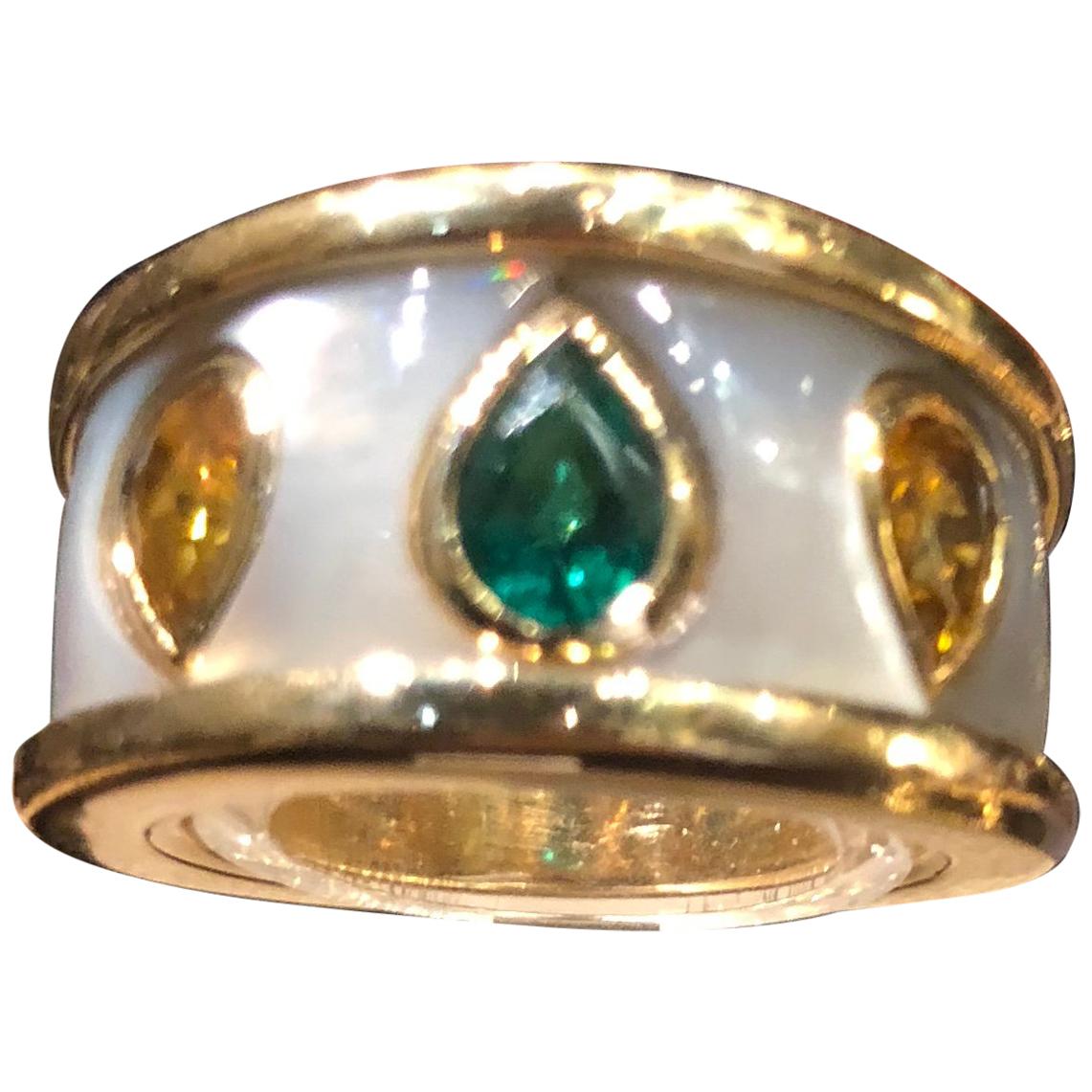 Mellerio Ring Emerald Yellow Sapphire and Mother of Pearl For Sale at ...