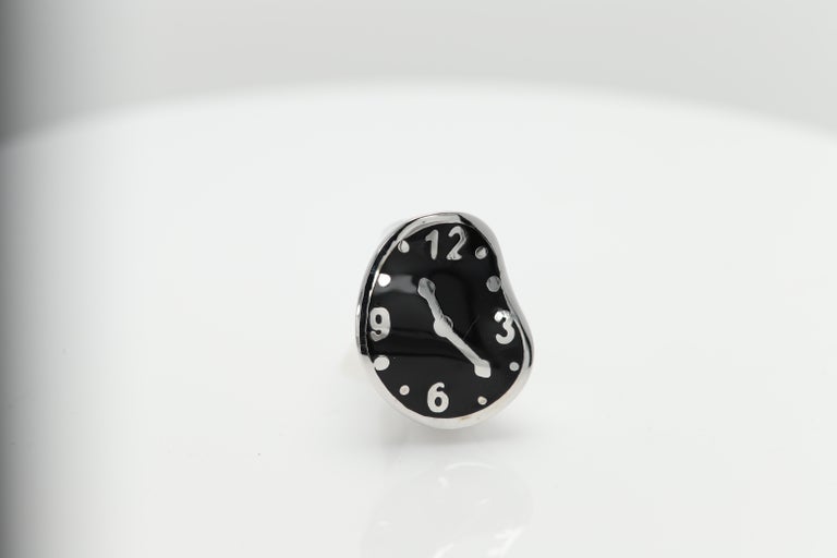 Melting Clock Inspired by Dali Art Ring Sterling Silver Black Enamel ...